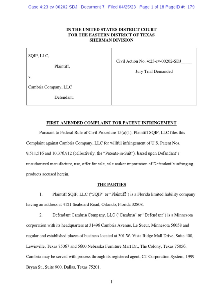 SQIP v. Cambria - Complaint | PDF | Patent | Patent Infringement