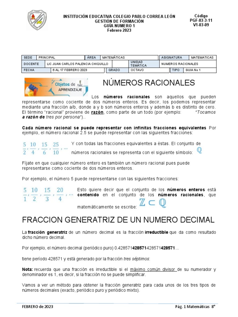 Guia1 - Grado 8° - NUMEROS RACIONALES - 1periodo | PDF | Número ...