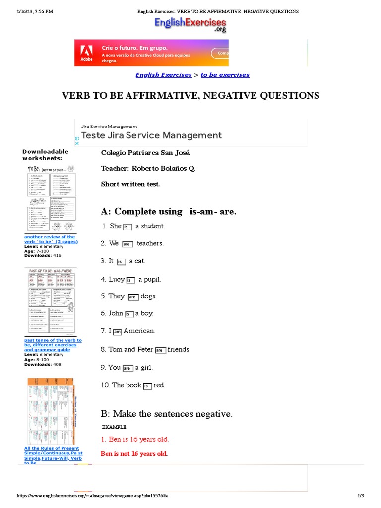 Verb To Be Exercises: Affirmative & Negative | PDF | Language Families ...