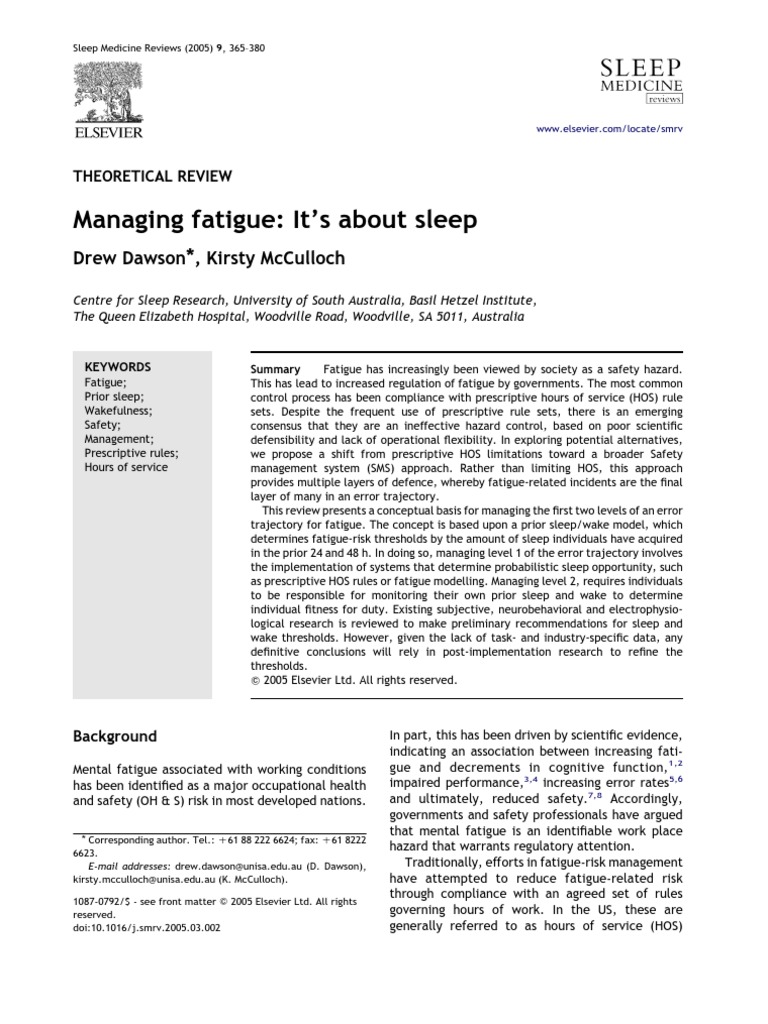 Managing Fatigue: It'S About Sleep: Drew Dawson, Kirsty Mcculloch | PDF | Sleep Deprivation | Risk
