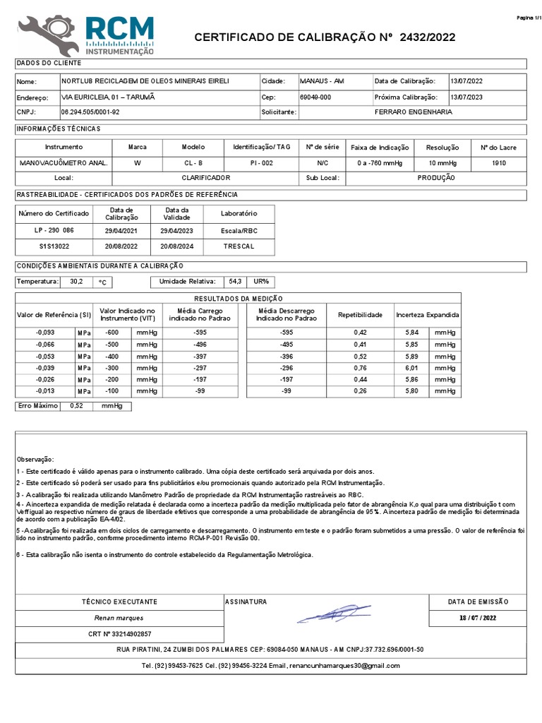 2432-22 VACUÔMETRO 0 A - 760mmHg | PDF | Calibração | Quantidade