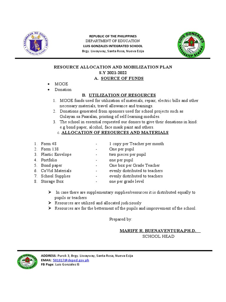Resource Allocation and Mobilization Plan S.Y 2021-2022 A. Source of Funds | PDF