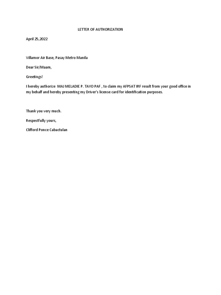 AFPSAT IRF Result Authorization Letter | PDF | Business | Technology ...