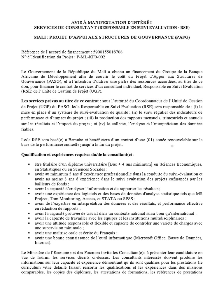 Consultant RSE pour le PASG au Mali | PDF | Consultant | Responsabilité ...