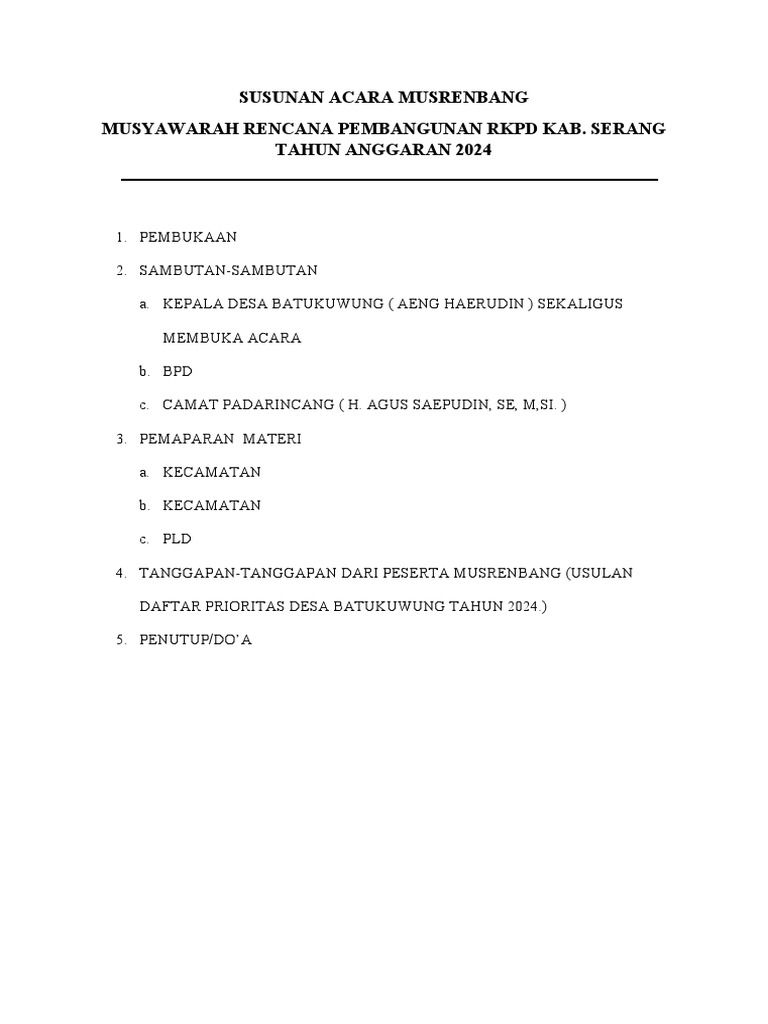 Susunan Acara Musrenbang Musyawarah Rencana Pembangunan RKPD Kab ...