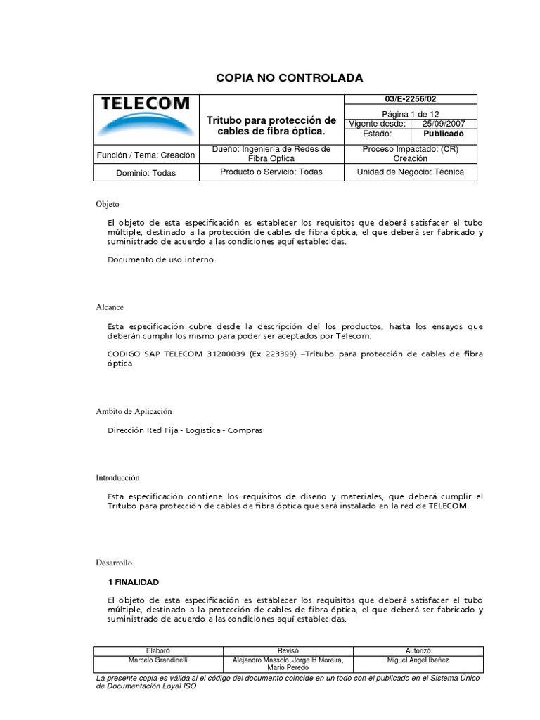 Telecom Especificaciones Tritubo | PDF | Fibra óptica | Óptica