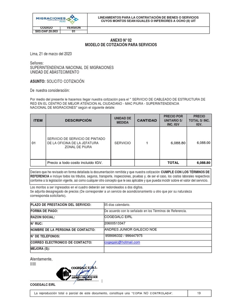 Modelo de Cotizacion de Servicios (1607) - Pintura | PDF