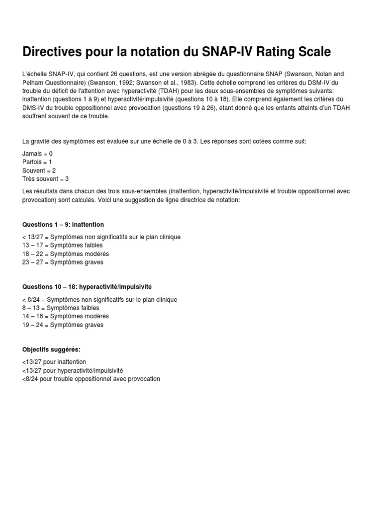 Notation de l'échelle SNAP-IV 26 | PDF | Trouble du déficit de l ...