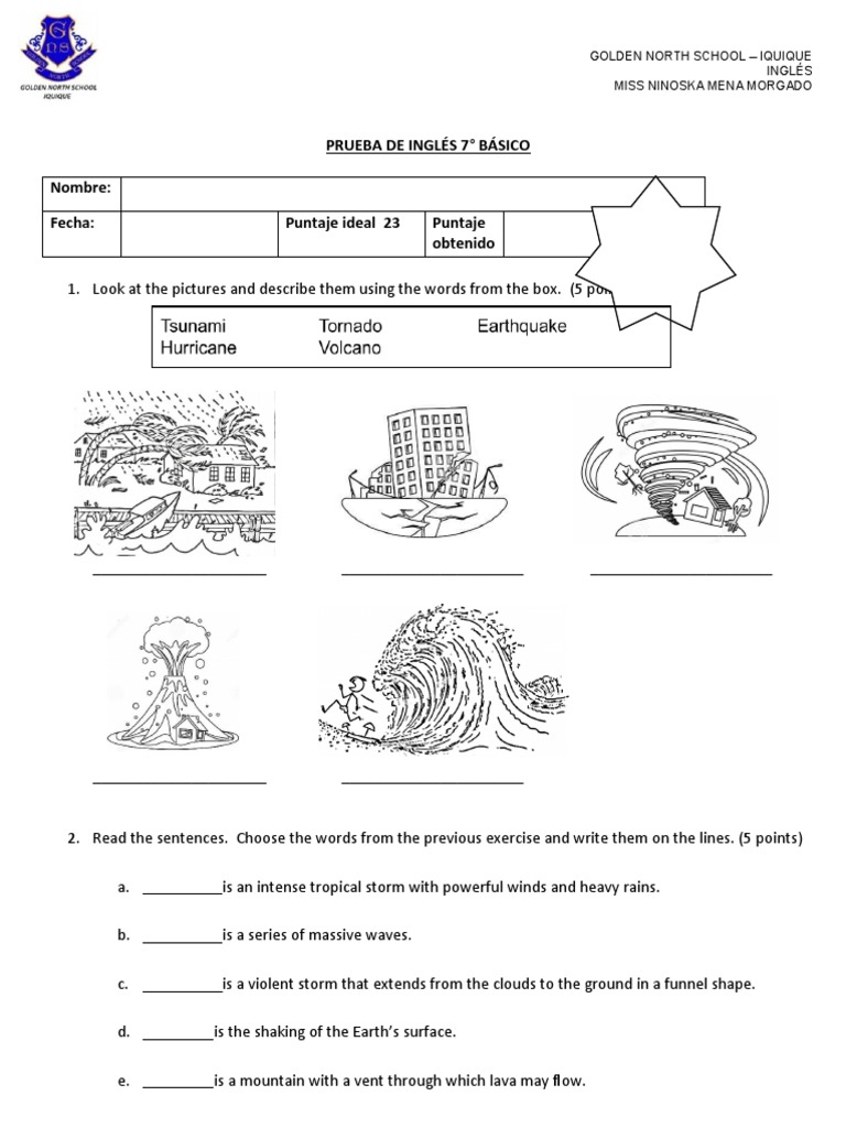 PRUEBA 7to UNIDAD NATURAL DISASTERS | PDF