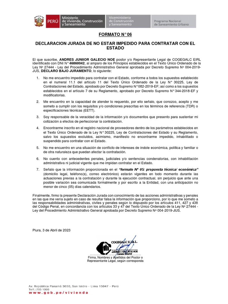 Formato #06 - Declaracion Jurada de No Estar Impedidos - Cogegalc | PDF | Justicia | Crimen y ...