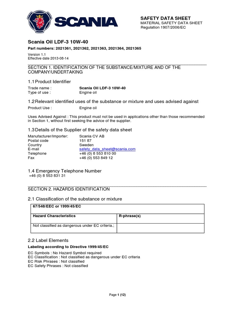 Scania Oil LDF-3 10W-40 Safety Data | PDF | Dangerous Goods | Toxicity
