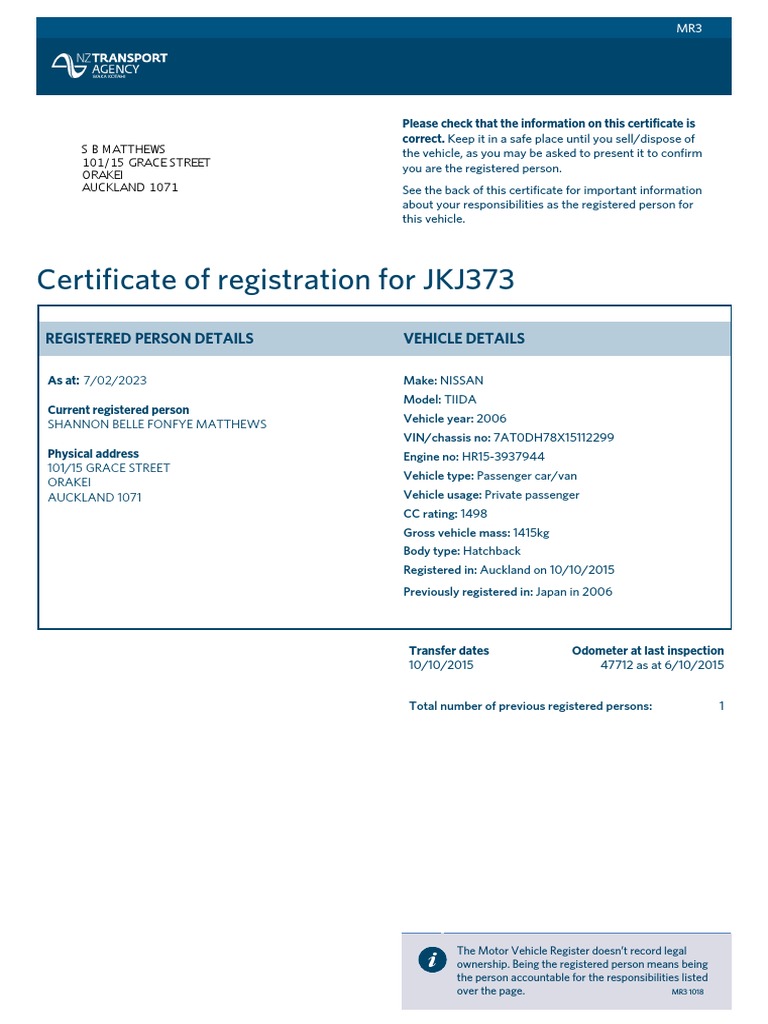 Certificate of Registration - Plate Number JKJ373 - Customer 254189855 ...