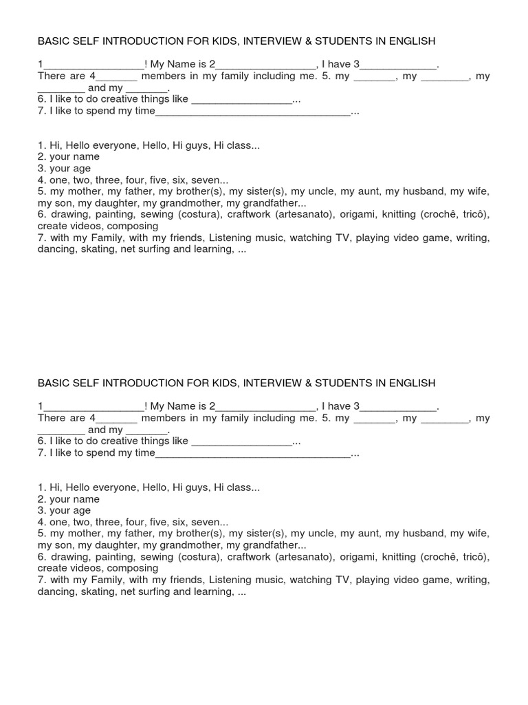 Basic Self Introduction For Kids | PDF