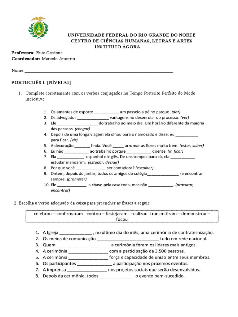 Exercício sobre Pretérito Perfeito do Indicativo 02 | PDF