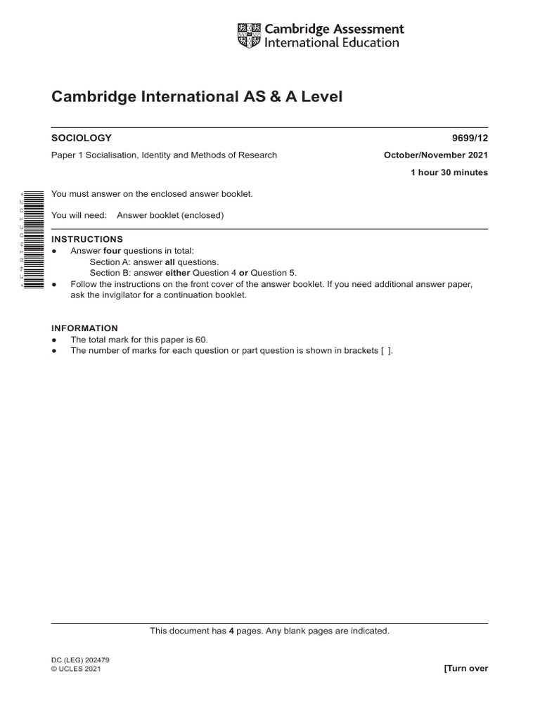 Cambridge International AS & A Level: SOCIOLOGY 9699/12 | PDF