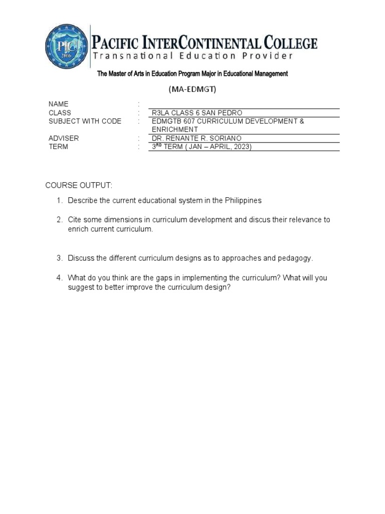 Course Output Foe Edmgt 607 Curriculum Devt | PDF