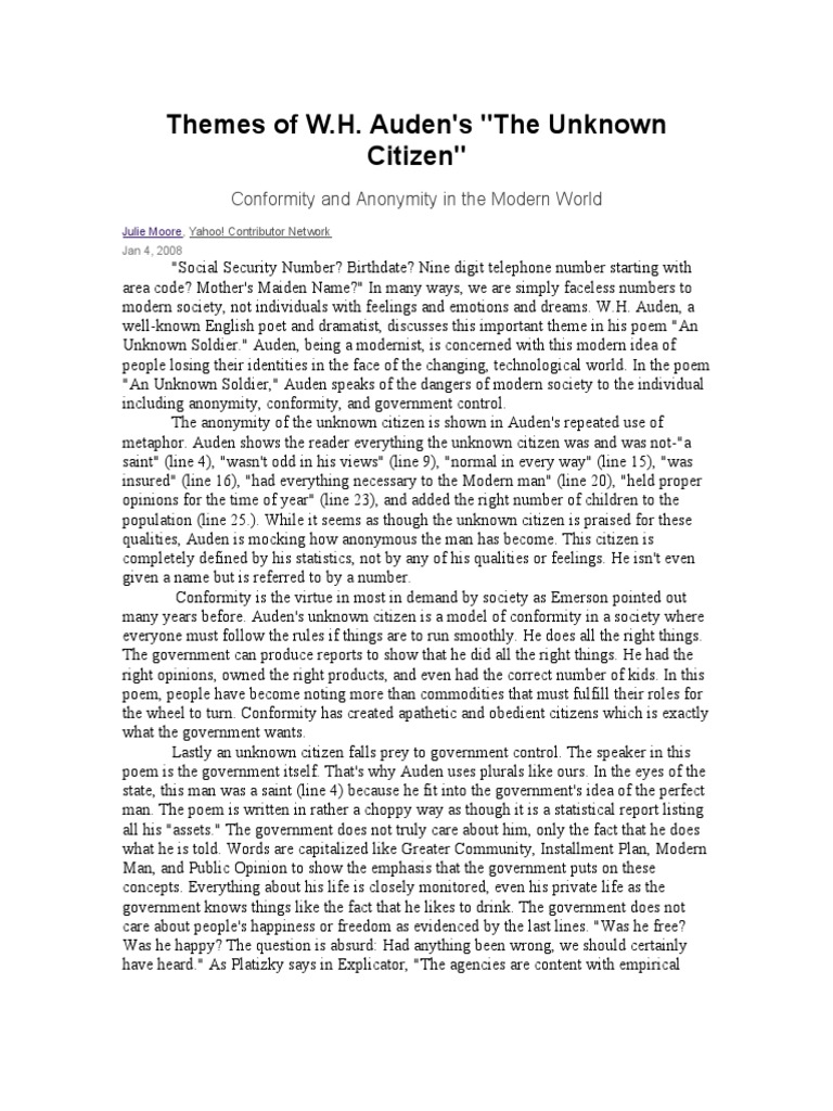 Themes of W.H. Auden's "The Unknown Citizen": Conformity and Anonymity ...