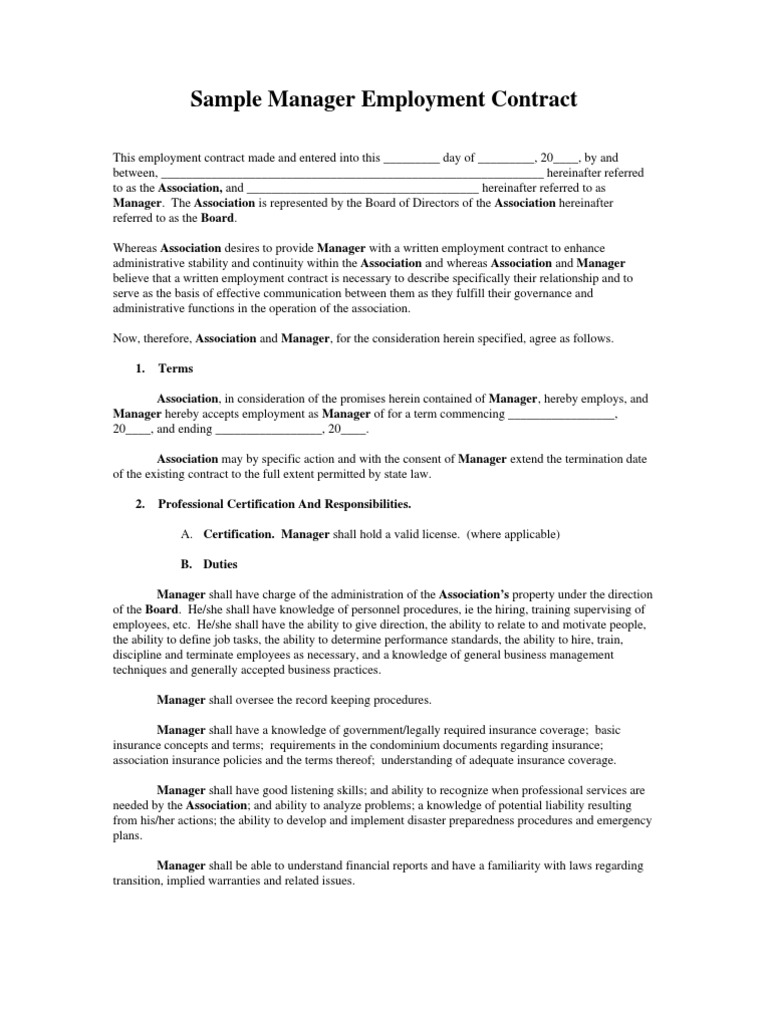 Manager Employment Contract Template | PDF | Employee Benefits | Salary