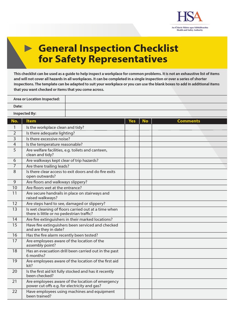 General Inspection Checklist For Safety Representatives | PDF | Personal Protective Equipment ...