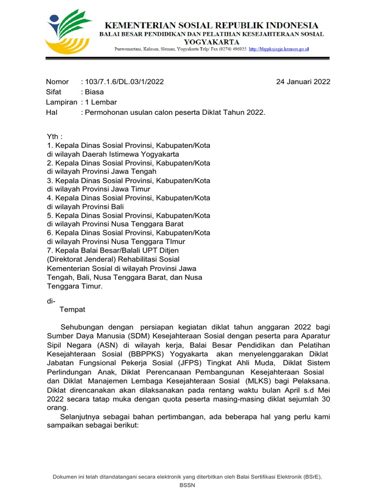 Usulan Peserta Diklat Kesejahteraan Sosial 2022 | PDF