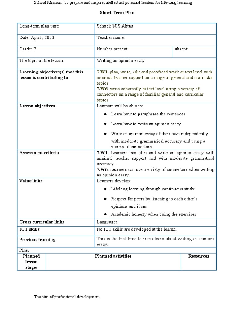 Opinion Essay Lesson Plan for Grade 7 | PDF | Learning | Essays