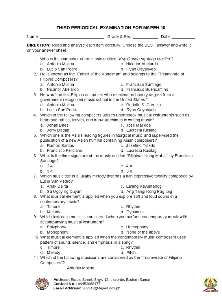 3RD Periodical Test - MAPEH 10 (Test Questionnaire) | PDF | World ...