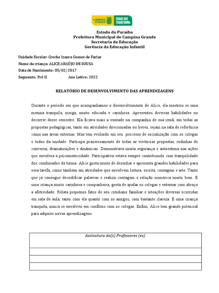 Cópia de Relatório Individual Da Criança - 2022 (2º Semestre) - Pronto ...