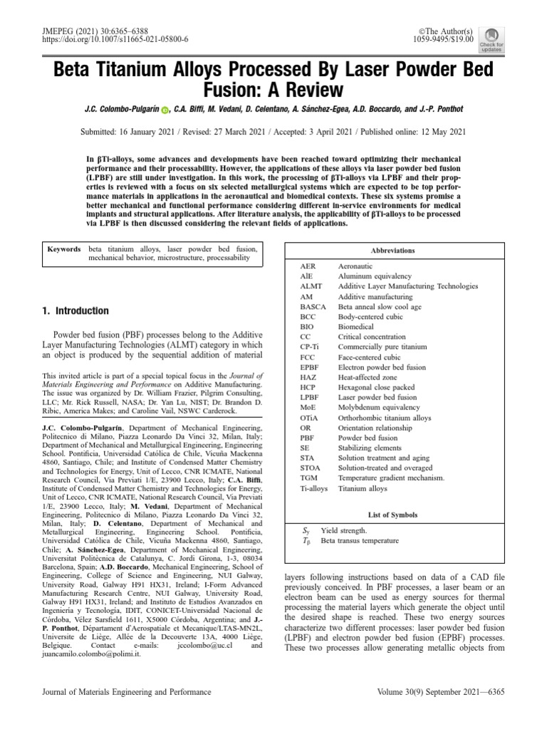 Beta Titanium Alloys Processed by Laser Powder Bed Fusion: A Review ...