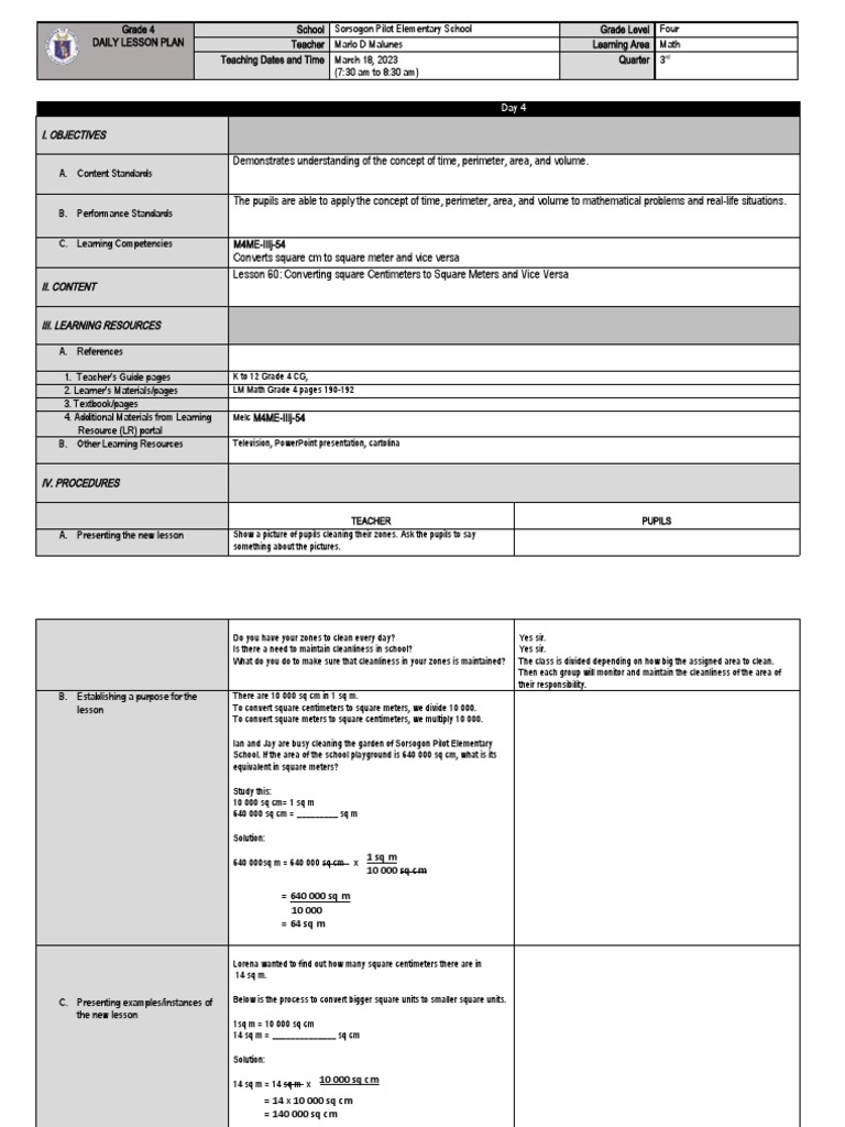 Detailed Lesson Plan in Math 4 | PDF | Learning | Cognition