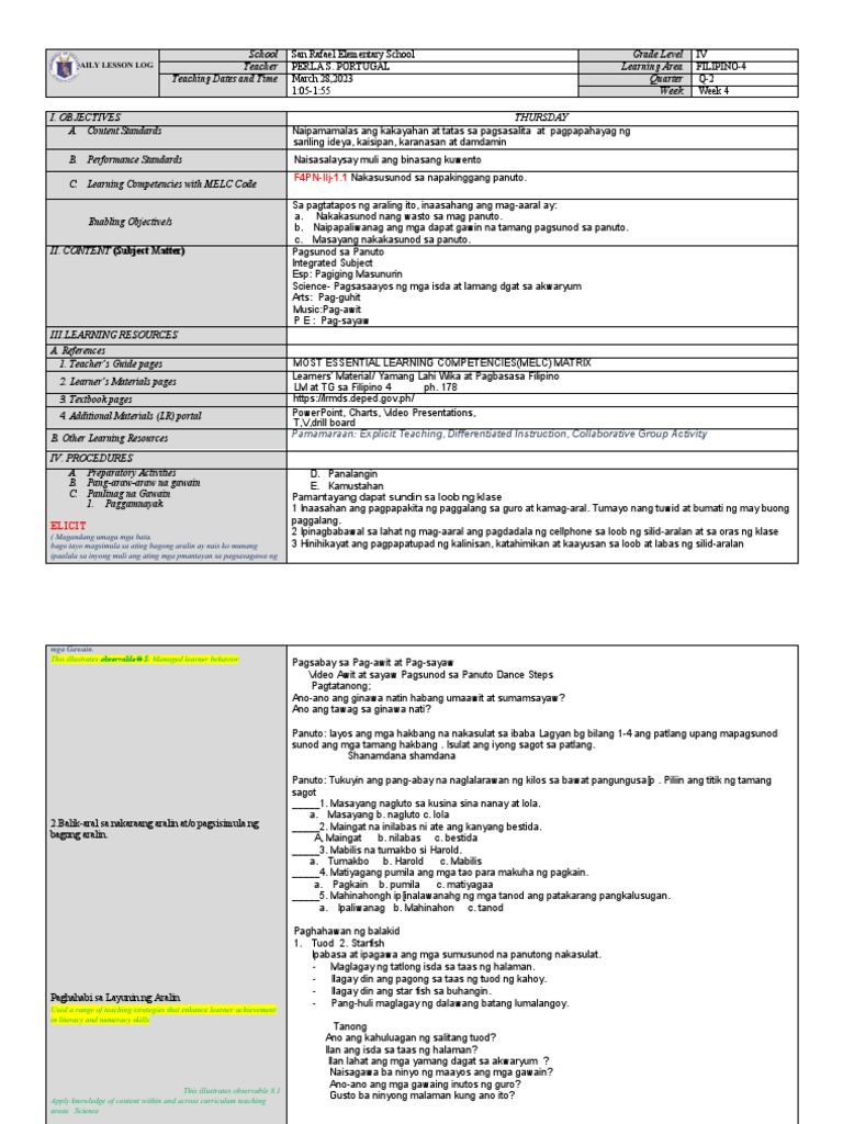 DLP COT 1 Filipino 4 Pagsunod Sa Panuto | PDF
