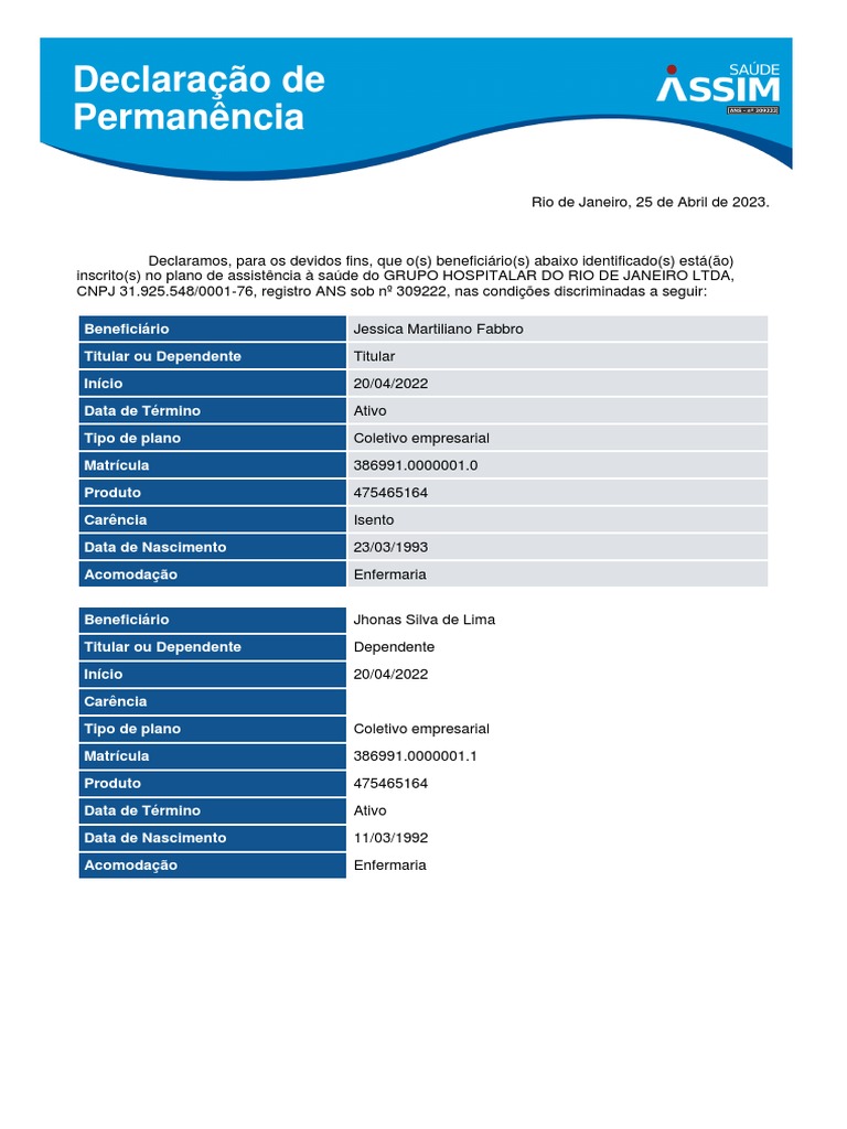 Declaração de Permanência no Plano de Saúde do GRUPO HOSPITALAR DO RIO ...