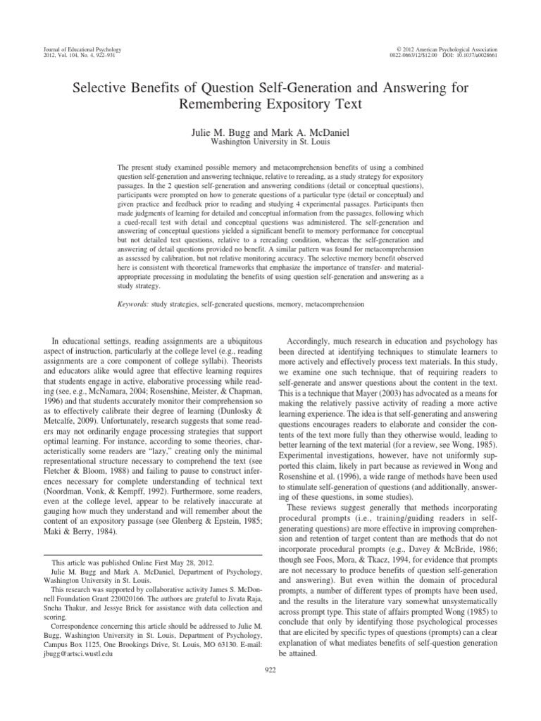 Selective Benefits of Question Self-Generation and Answering For ...