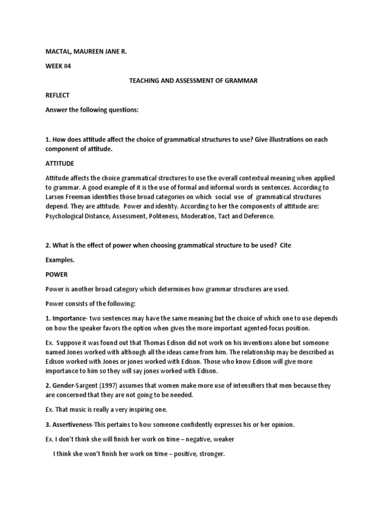 Mactal, Maureen Jane R. (Eng 9 Teaching and Assessment of Grammar) Week ...