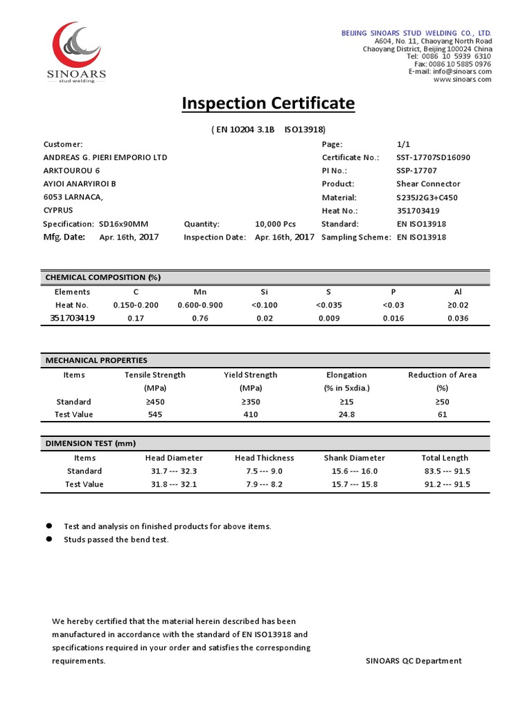 SINOARS Shear Connector Inspection Certificate | PDF | Industrial Processes | Materials Science