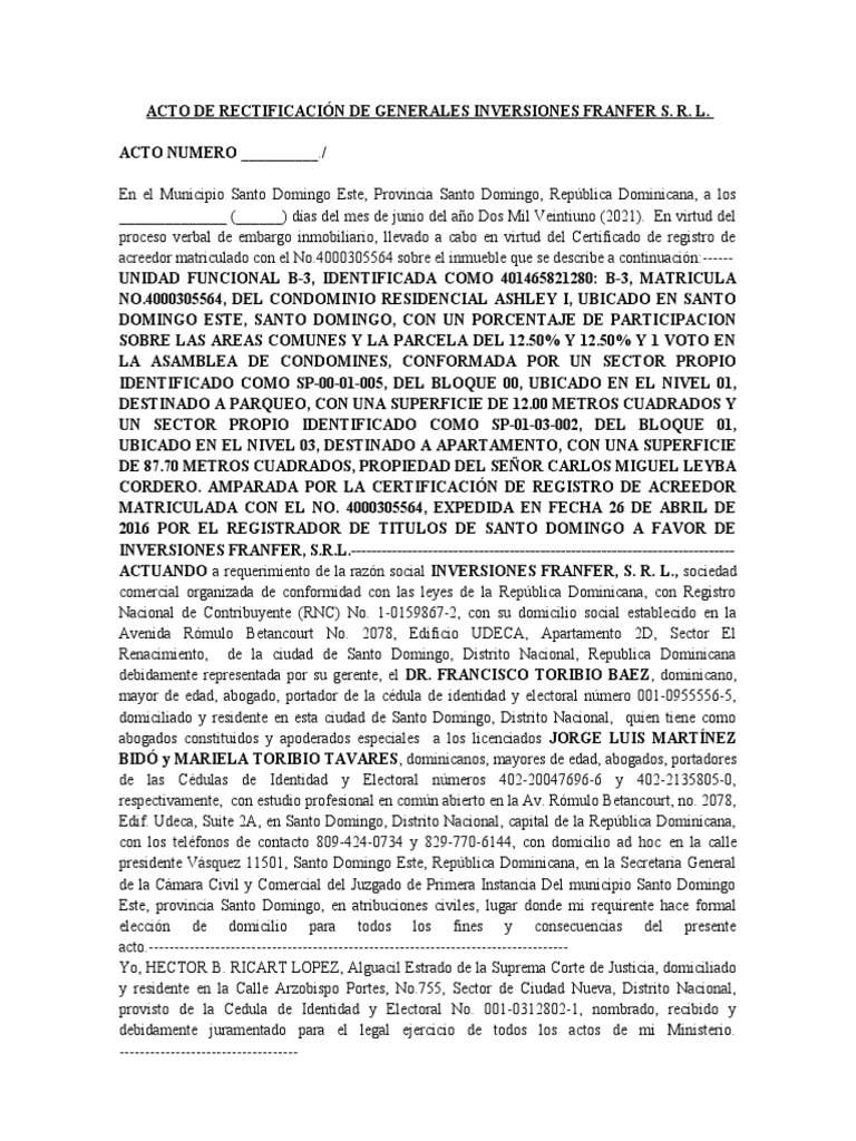 Acto Rectificación de Embargo | PDF | República Dominicana | Justicia