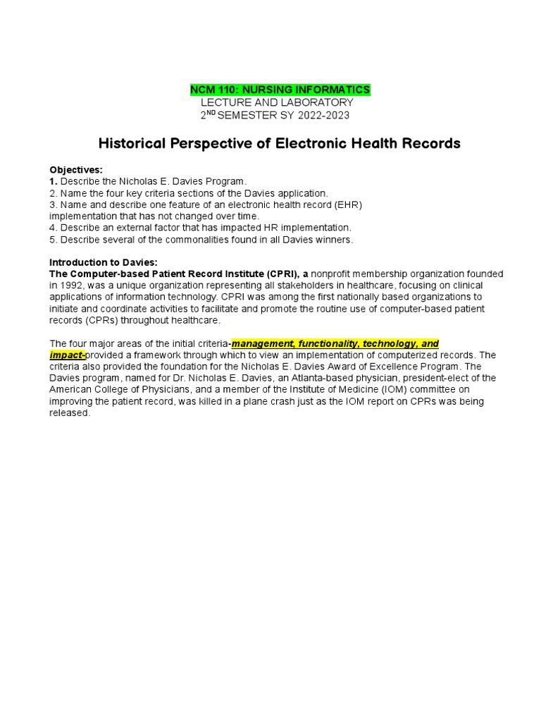 Historical Perspective of Electronic Health Records: NCM 110: Nursing ...