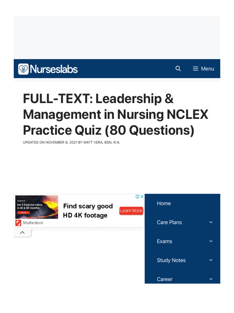 FULL-TEXT: Leadership & Management in Nursing NCLEX Practice Quiz (80 ...