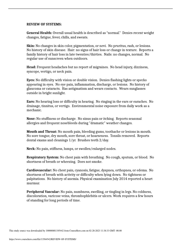 Comprehensive Review of Systems Example | PDF | Wellness