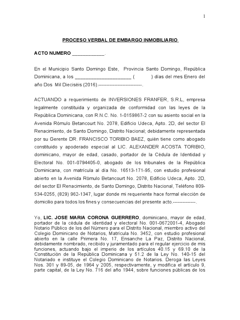 Proceso Verbal de Embargo Inmobiliario ACTO NUMERO | PDF | República ...