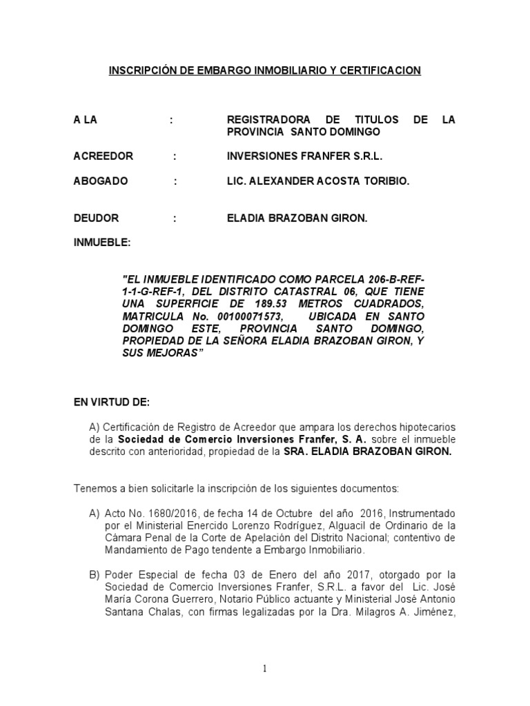 Inscripcion de Embargo Inmobiliario | PDF | República Dominicana ...