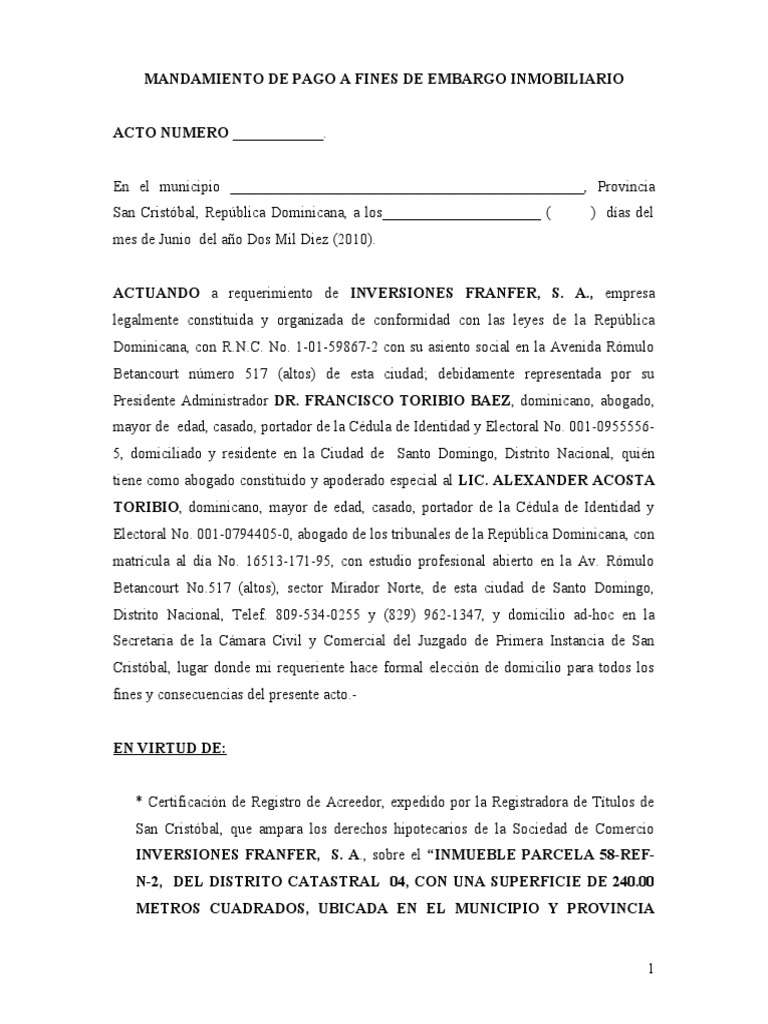 Mandamiento de Pago Embargo Inmobiliario-Inocencio Ortiz Ortiz | PDF ...