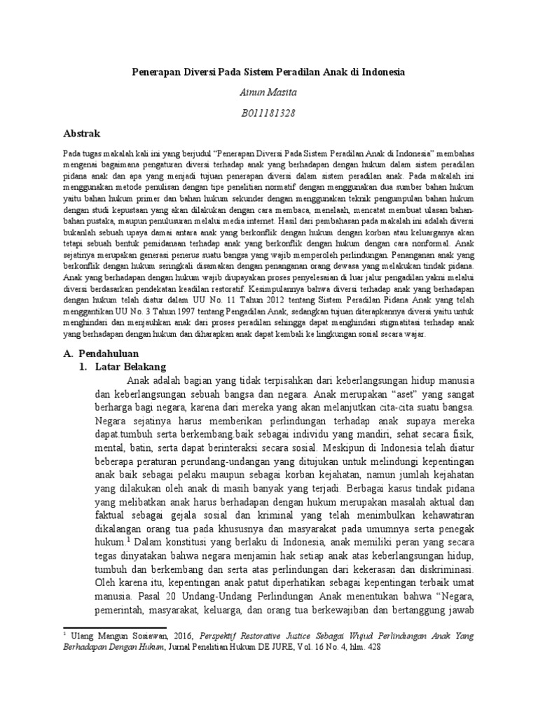Penerapan Diversi Pada Sistem Peradilan Anak Di Indonesia: Ainun Masita B011181328 | PDF