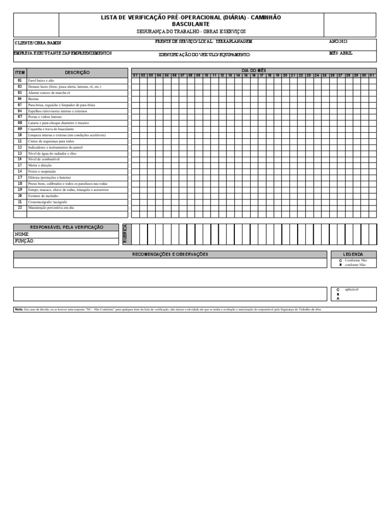 Check List Mensal - Caminhão Basculante | PDF | Veículos terrestres ...