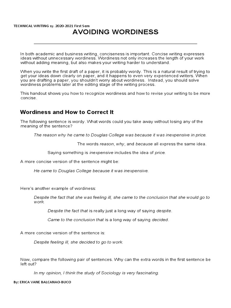 Avoiding Wordiness Pdf Language Arts Discipline