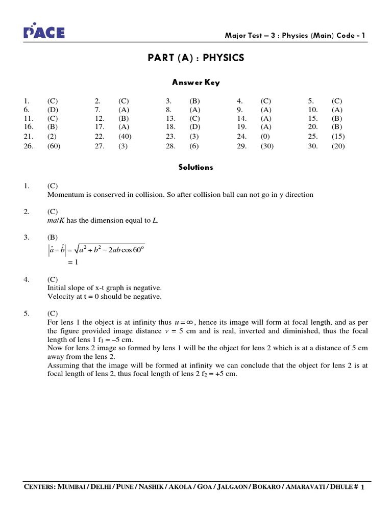 Part (A) : Physics: Answer Key | PDF