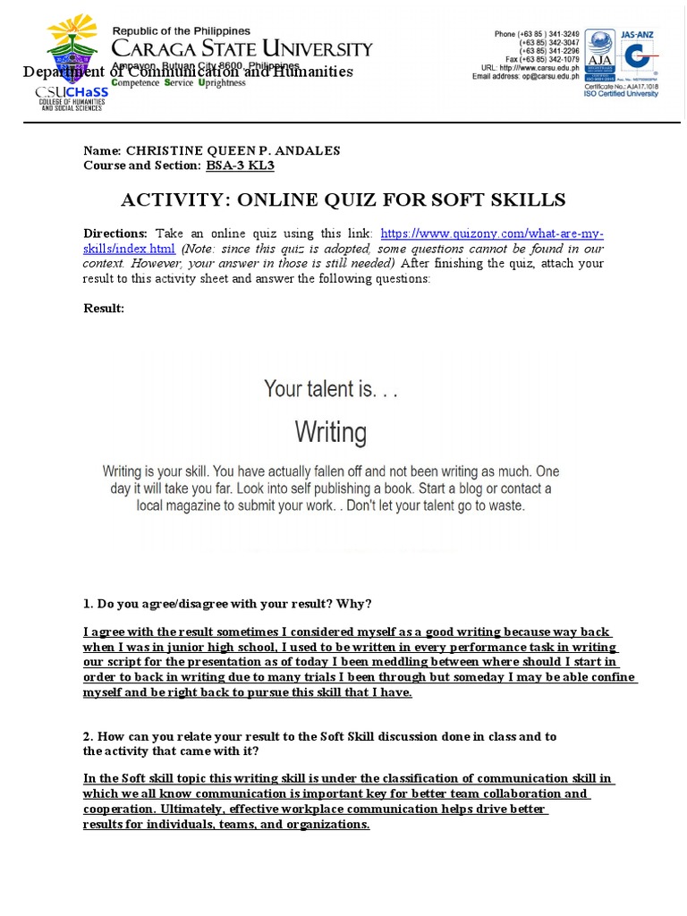 Activity: Online Quiz For Soft Skills: Department of Communication and ...