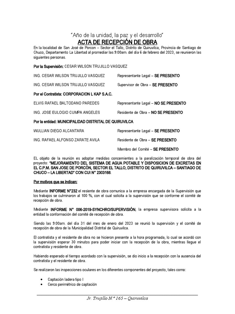 Acta de Recepcion de Obra-Sector El Tallo | PDF | Agua | Administracion del Agua