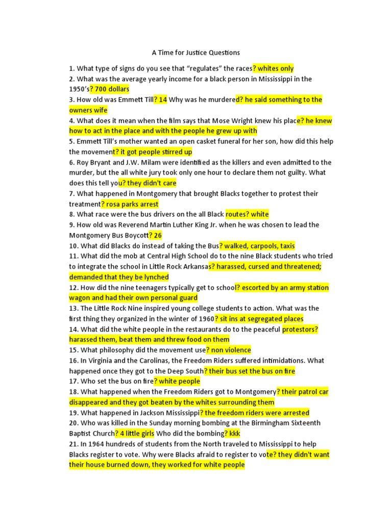 A Time For Justice Video Questions H | PDF | Society Of The United ...