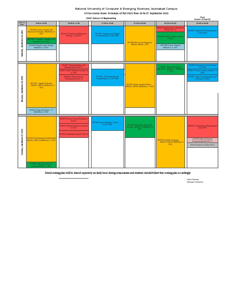 1st Sessional Exams Schedule Fall 2022 | PDF | Electrical Engineering ...
