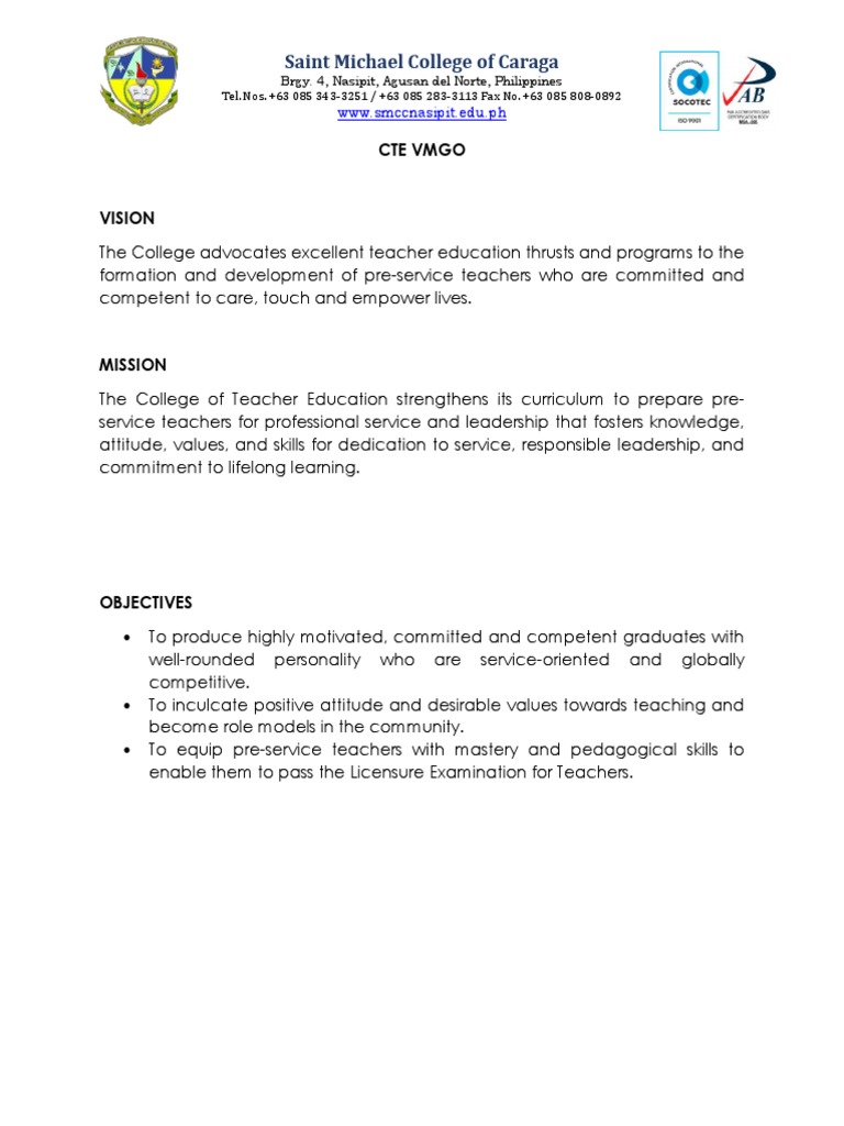 Saint Michael College of Caraga: Cte Vmgo | PDF